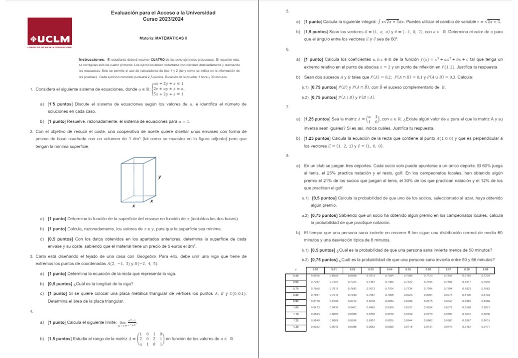 Examen Matemáticas Selectividad Castilla-La Mancha Junio 2024 - Didactys