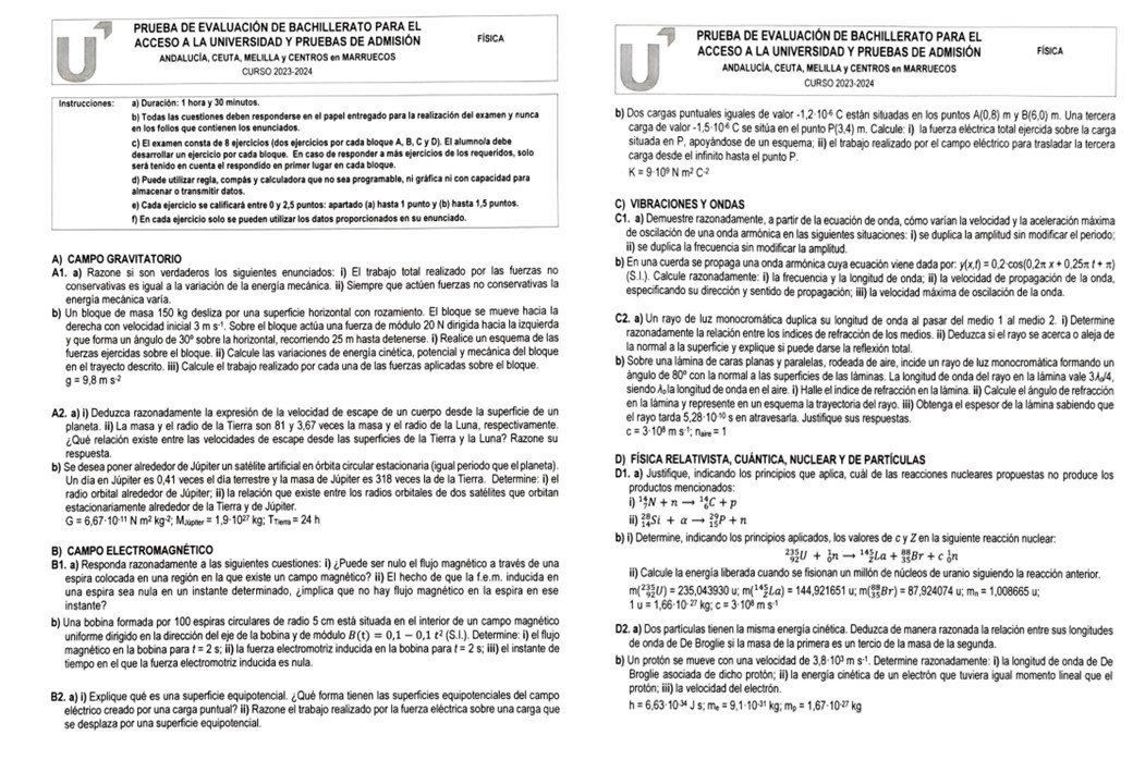 Examen Física Selectividad Andalucía (PEvAU) 2024 - Didactys