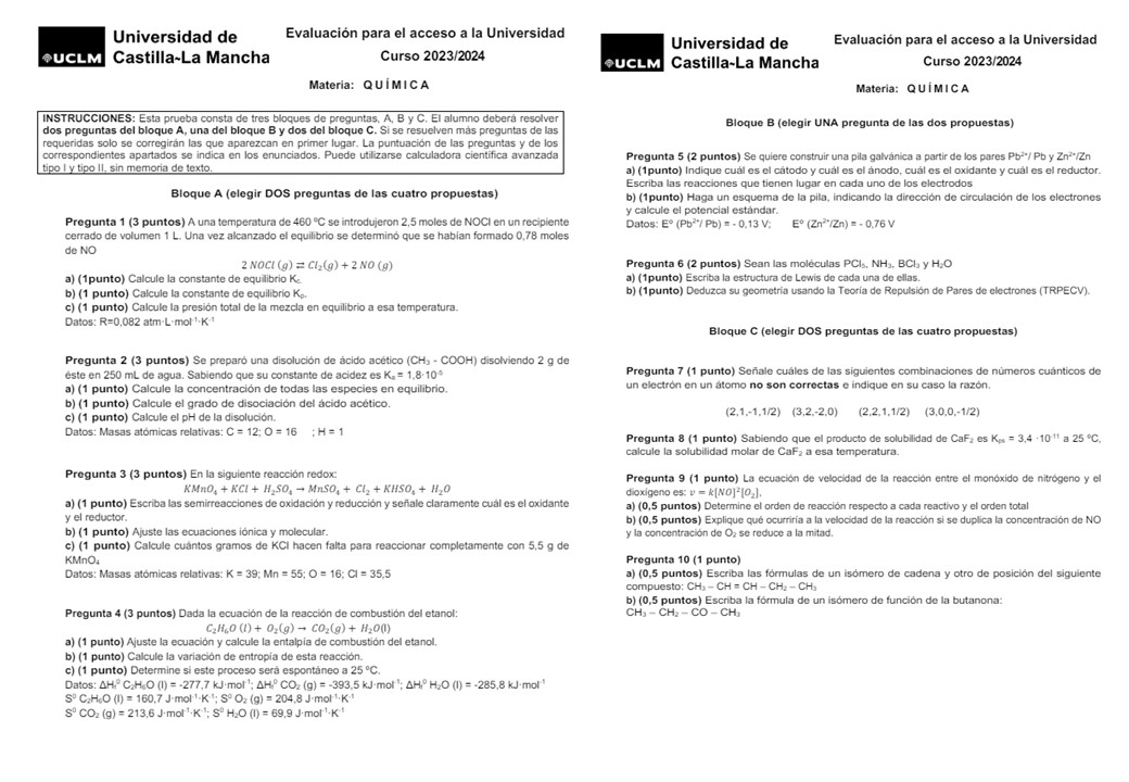 Examen Química Selectividad Castilla-La Mancha (EBAU) 2024 - Didactys