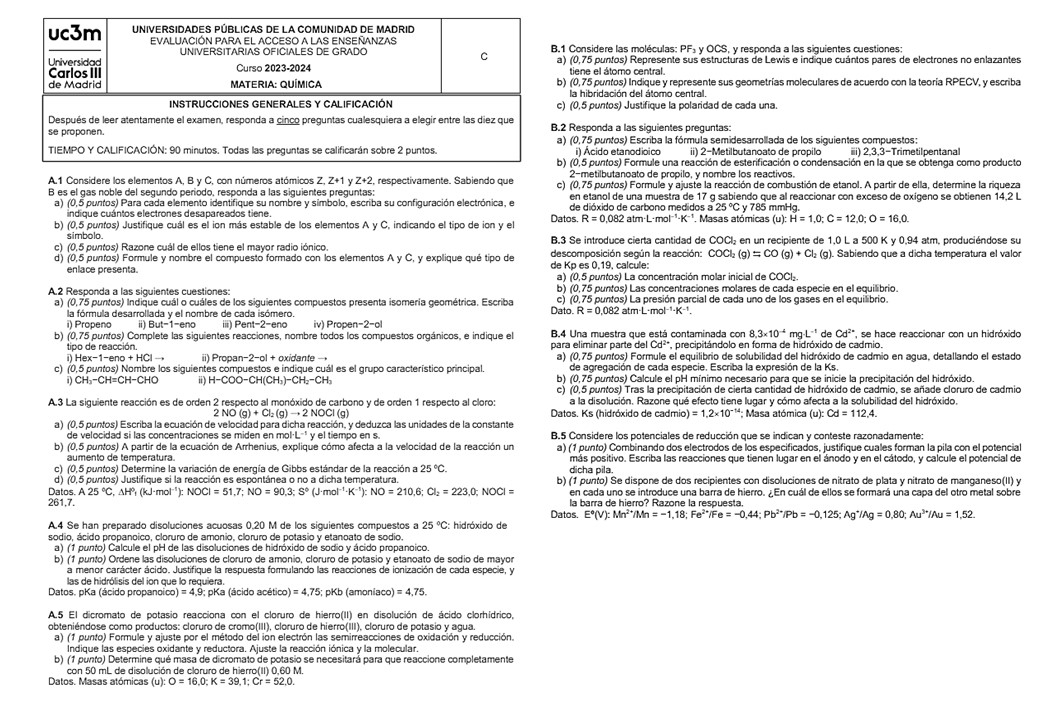Examen Química Selectividad Madrid (EBAU) 2024 - Didactys