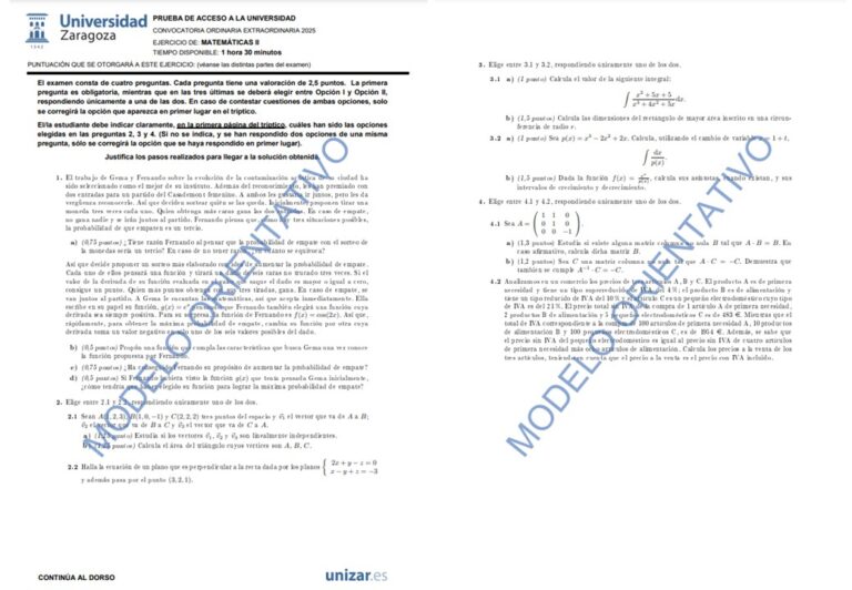 Modelo de examen de MATEMÁTICAS II PAU 2025 ARAGÓN - Didactys